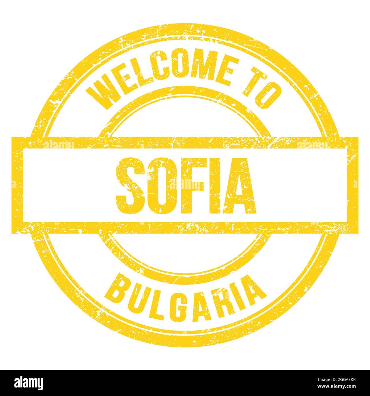 WELCOME TO SOFIA - BULGARIA, words written on yellow round simple stamp ...