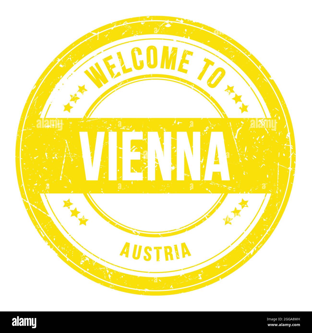 WELCOME TO VIENNA - AUSTRIA, words written on yellow round coin stamp ...