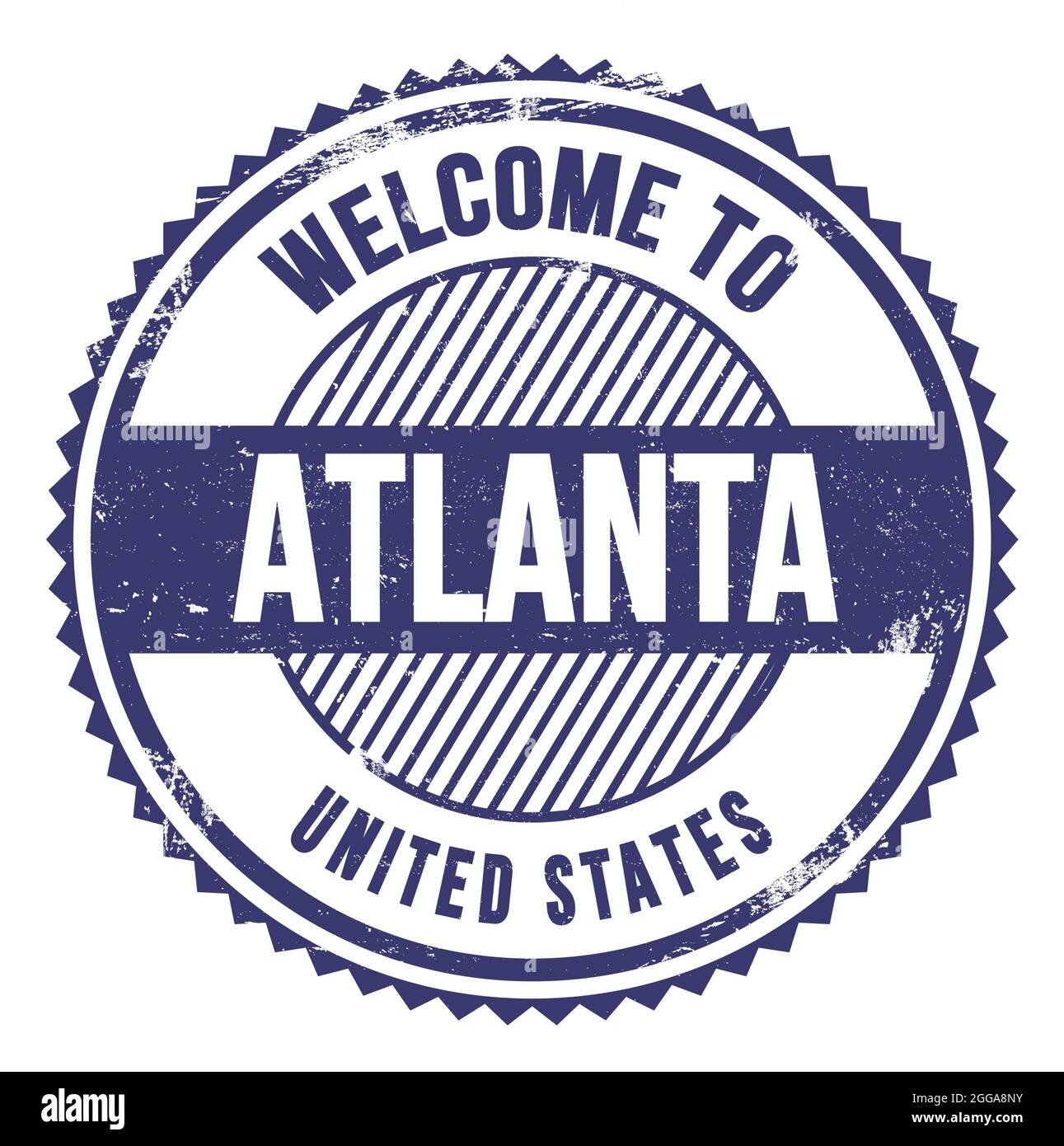 WELCOME TO ATLANTA - UNITED STATES, words written on blue zig zag stamp ...