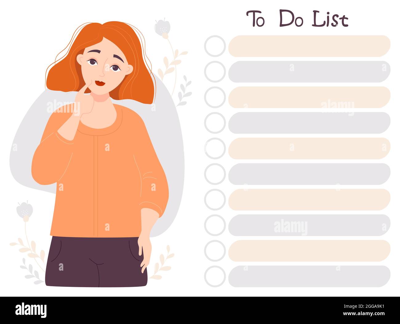 To-do list organizer. A cute red-haired pensive girl looks at the to-do ...