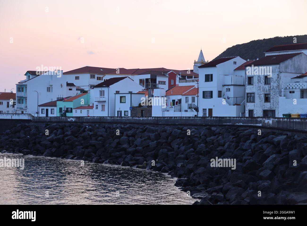 Sunset in the bay of Velas, in the island of Sao Jorge, Azores Stock ...