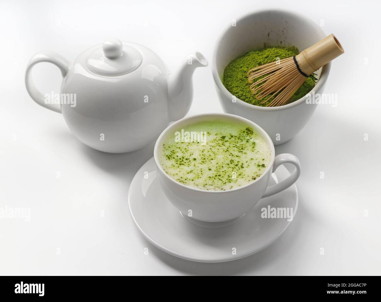 Green matcha tea set on white background Stock Photo - Alamy