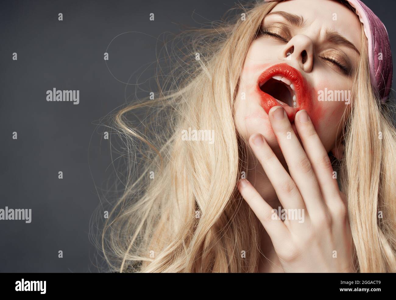 pretty woman smeared lipstick night life alcohol bottle close-up Stock ...