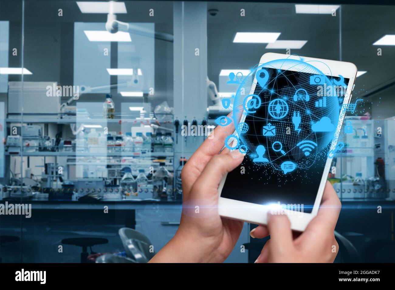 Hands Pressing Screen Of Mobile Phone In Laboratory Showing The ...