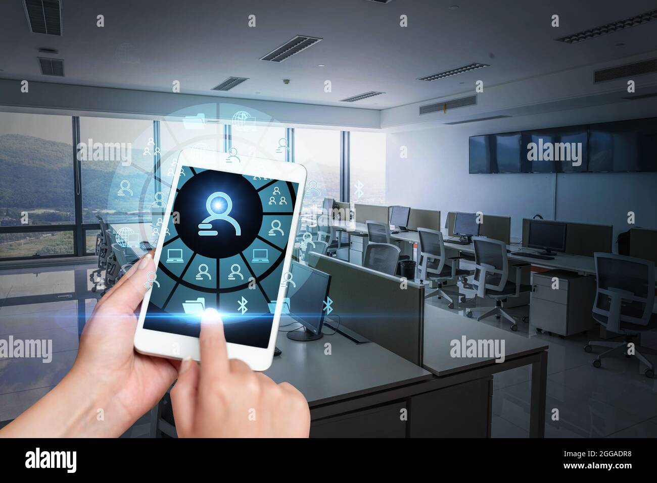 Hand Touching Screen Of Mobile Phone Inside Office Showing Futuristic ...