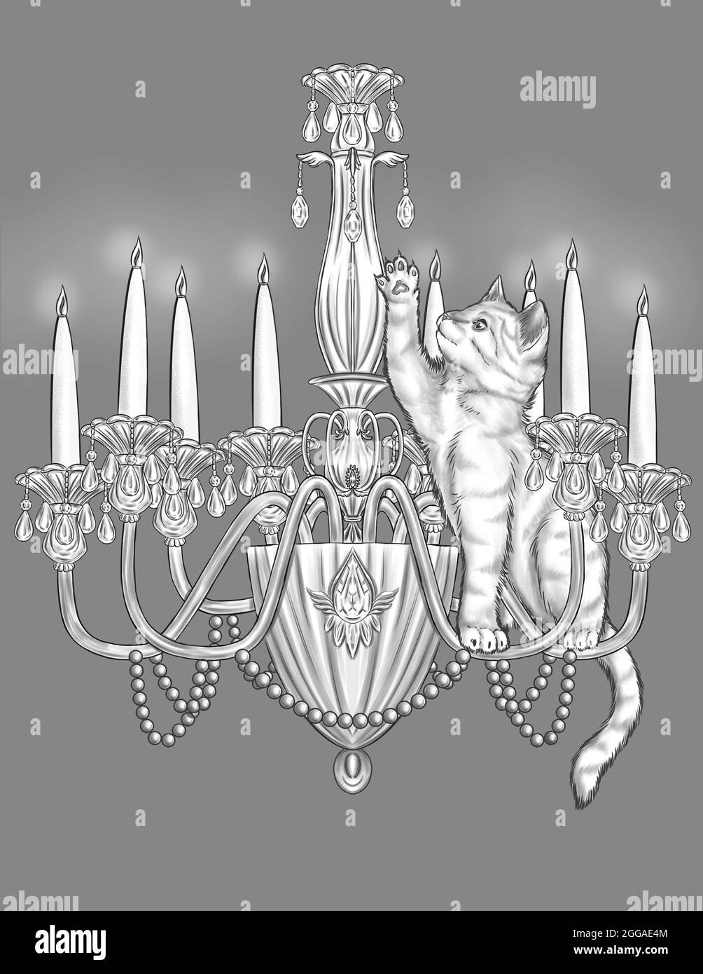 Playful Cat On Top Of A Lit Candle Chandelier Raising Paw Colorless ...