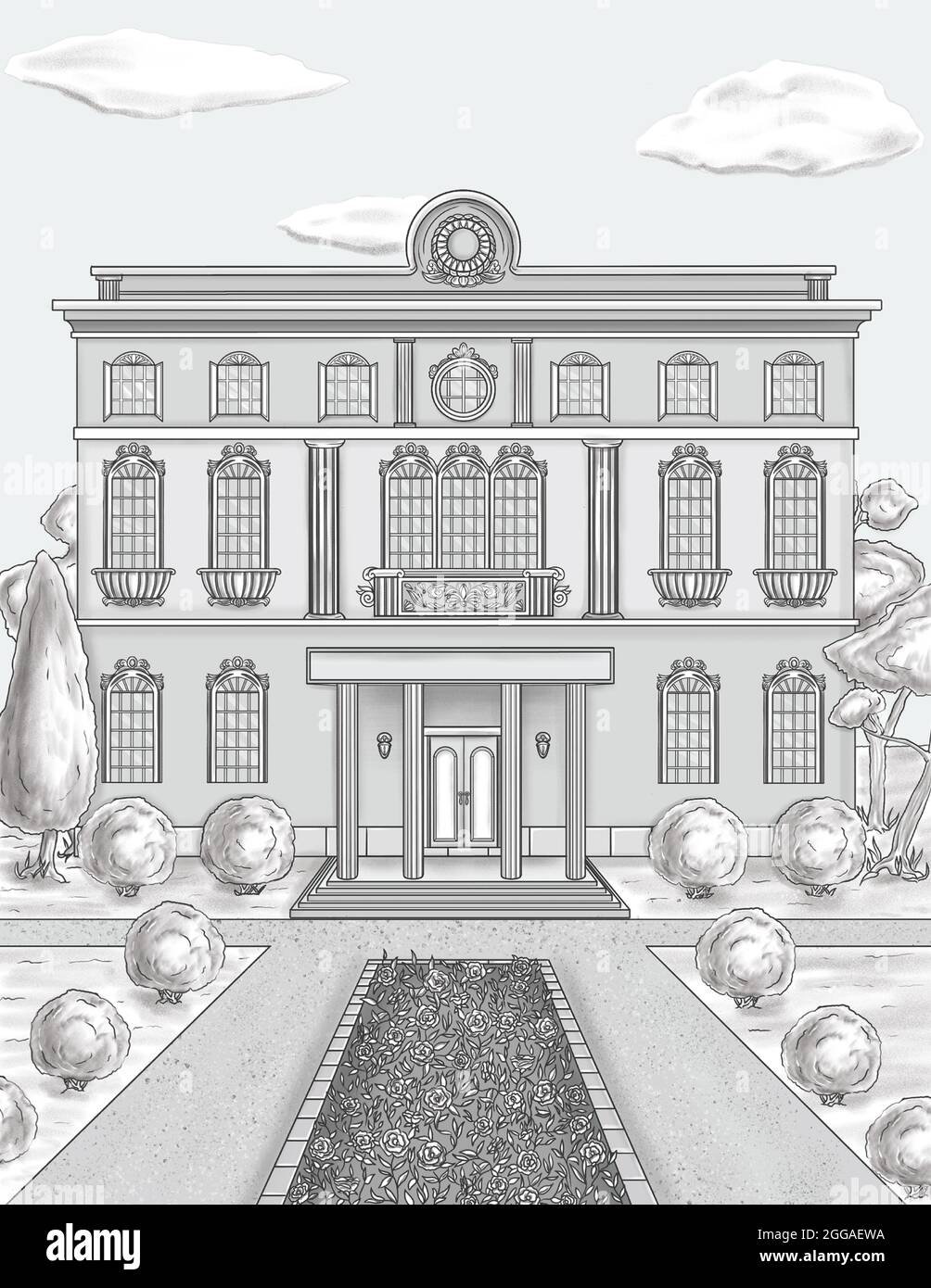 Two Storey Mansion Symmetrical Design With Shrubs And Trees Colorless ...