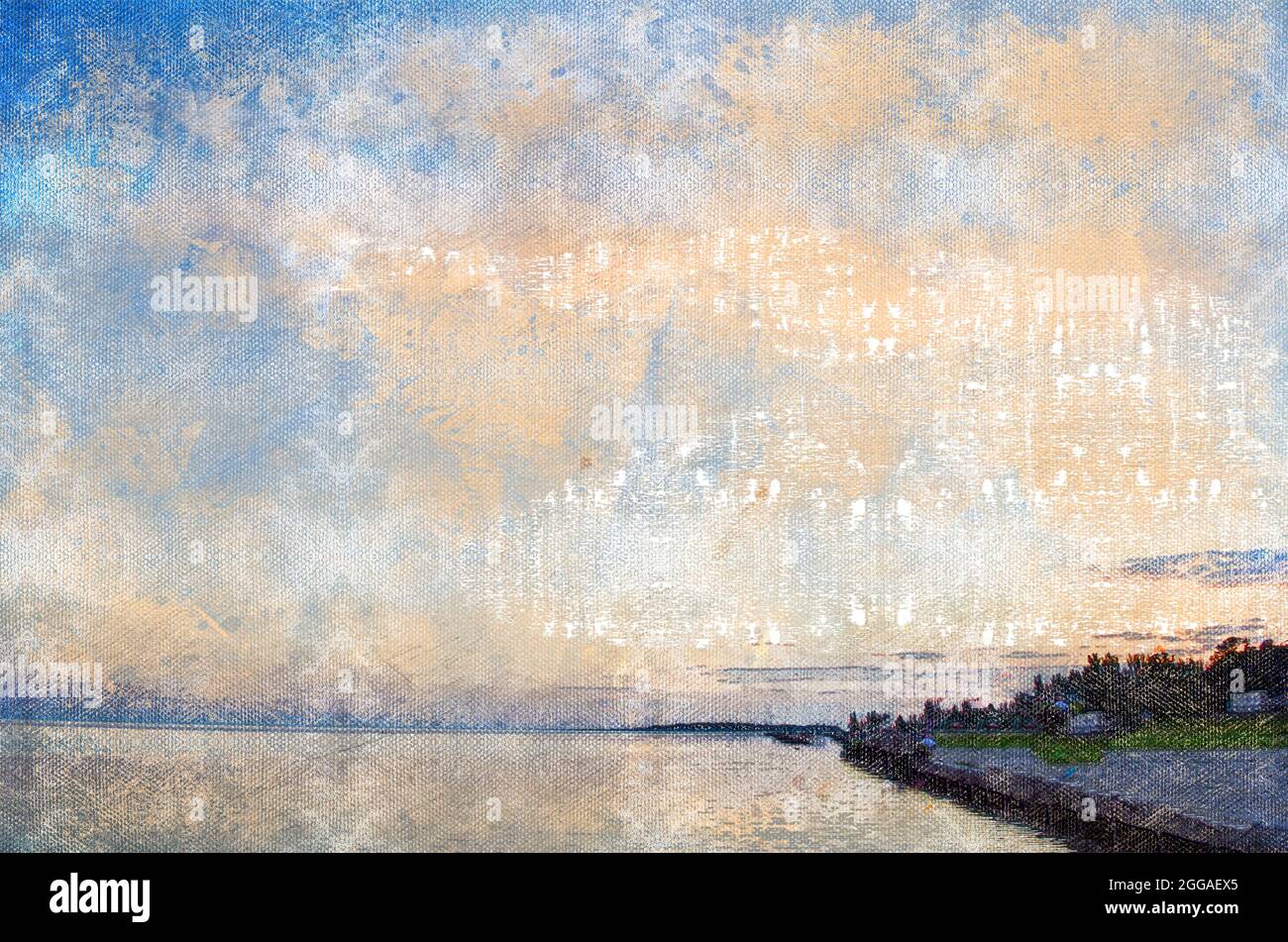 Pink sunset sky over the seashore. Warm summer evening on the beach ...