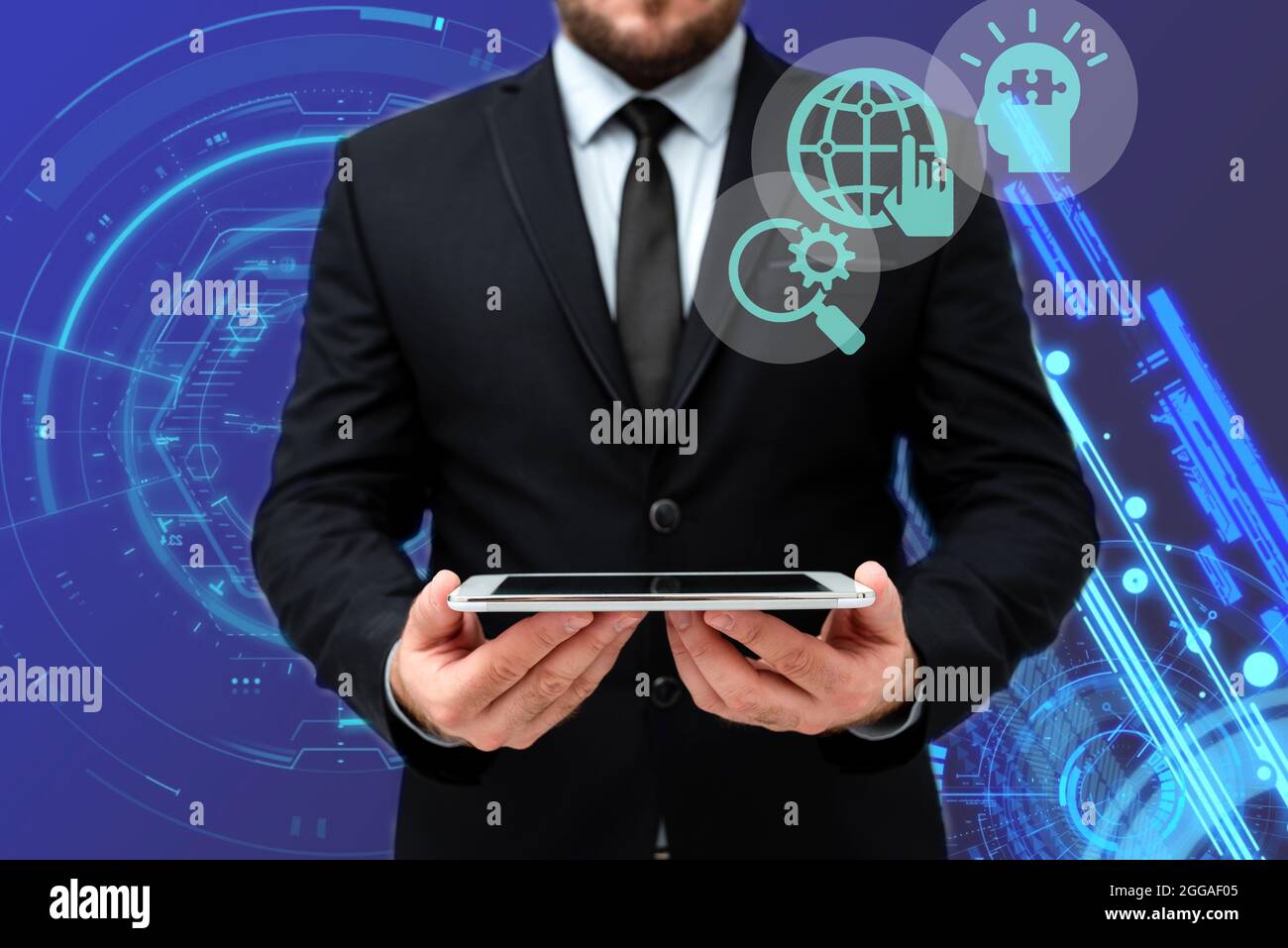 Man In Office Uniform Standing Holding Tablet Displaying New Modern ...