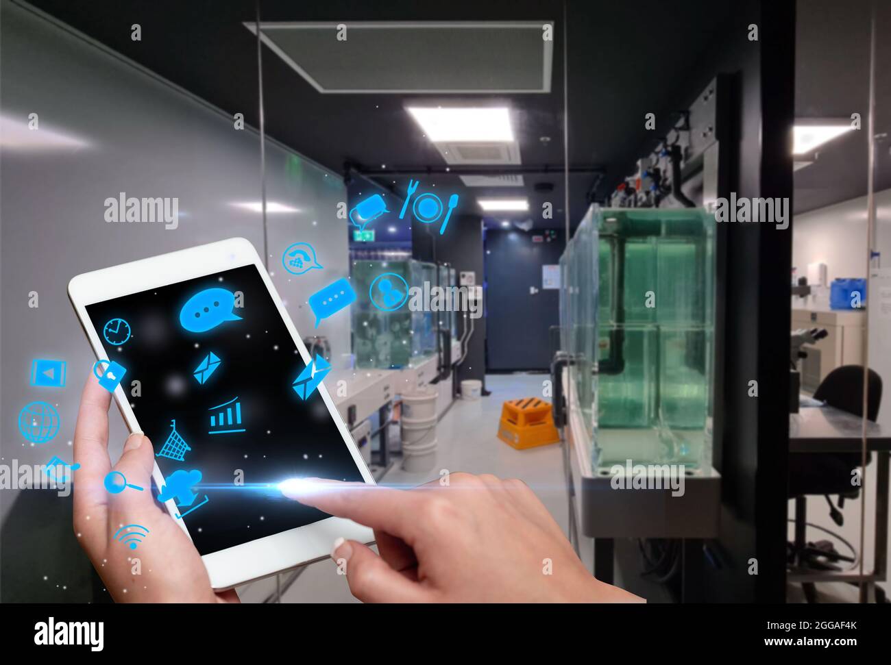 Hand Touching Screen Of Mobile Phone In Laboratory Showing Futuristic ...