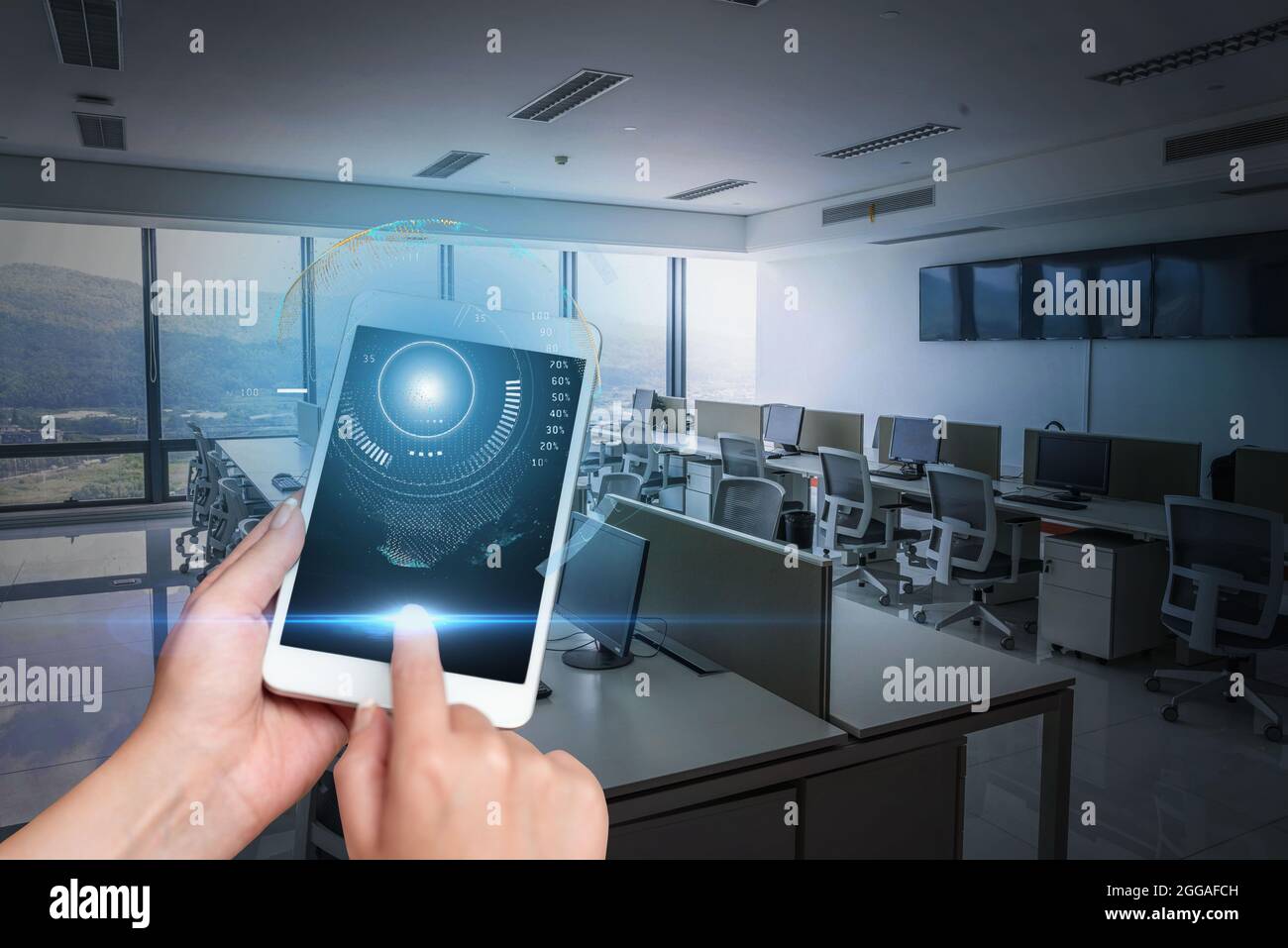 Hand Touching Screen Of Mobile Phone Inside Office Showing Futuristic ...