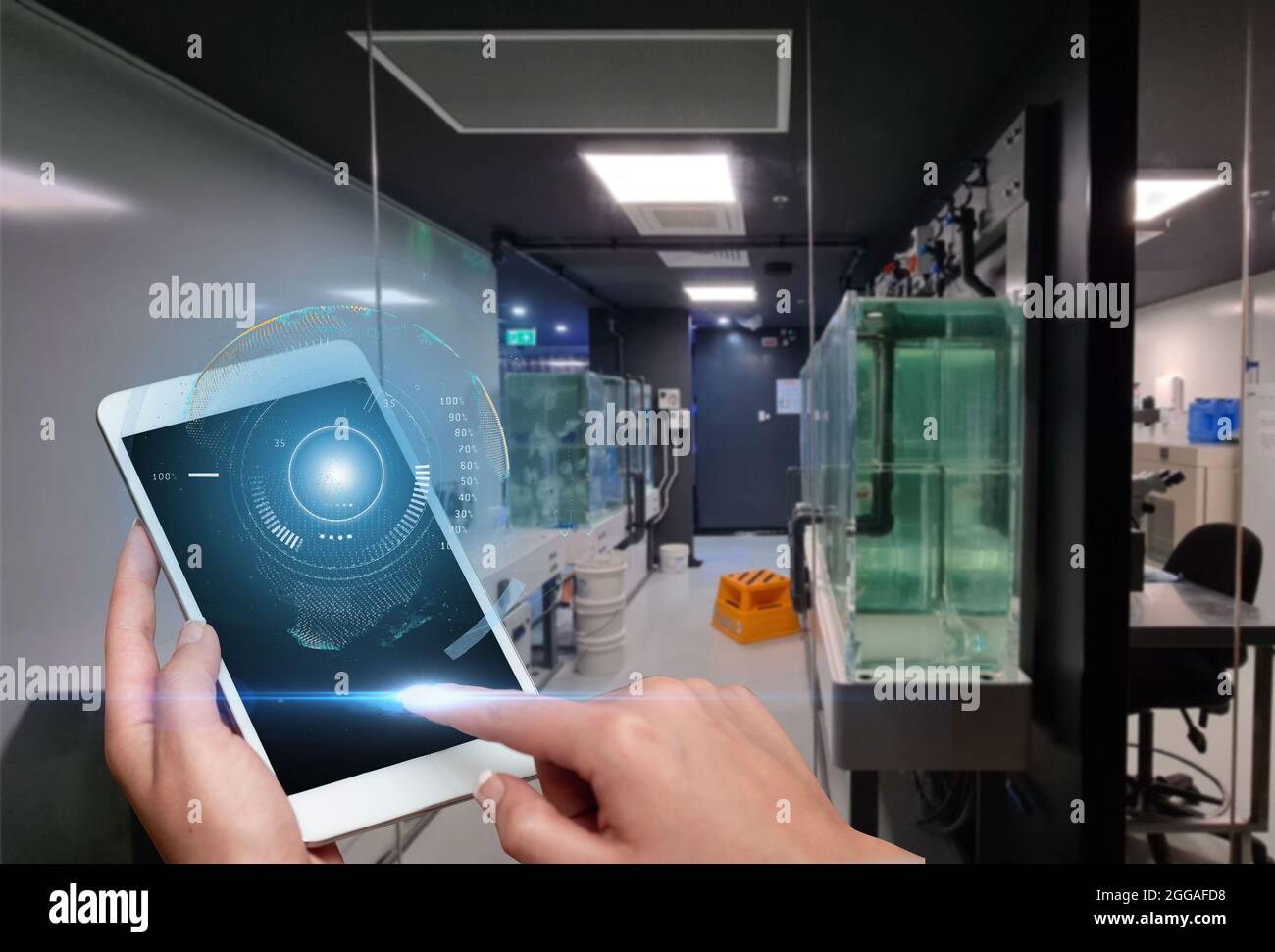 Hand Touching Screen Of Mobile Phone In Laboratory Showing Futuristic ...