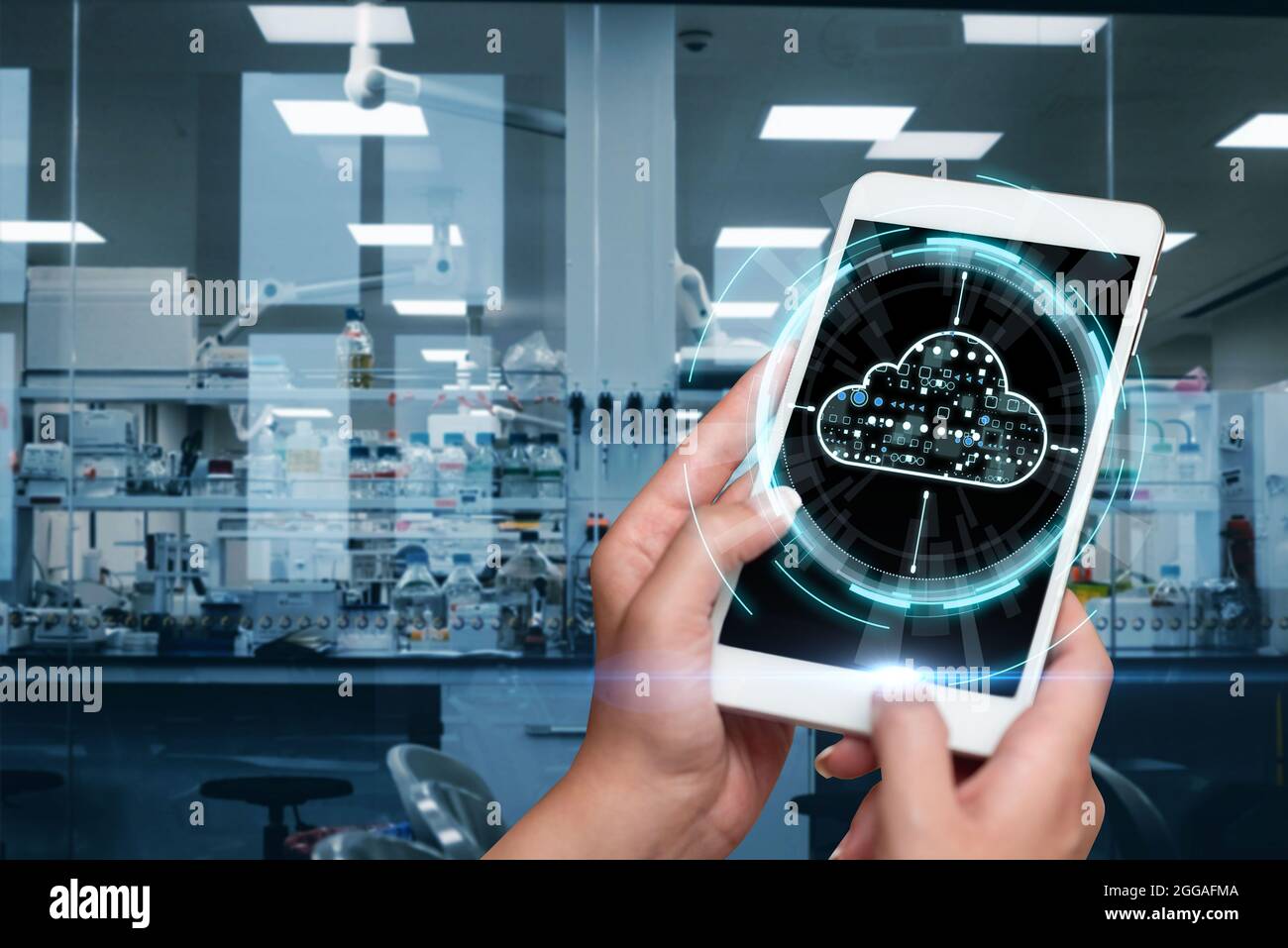 Hands Pressing Screen Of Mobile Phone In Laboratory Showing The ...