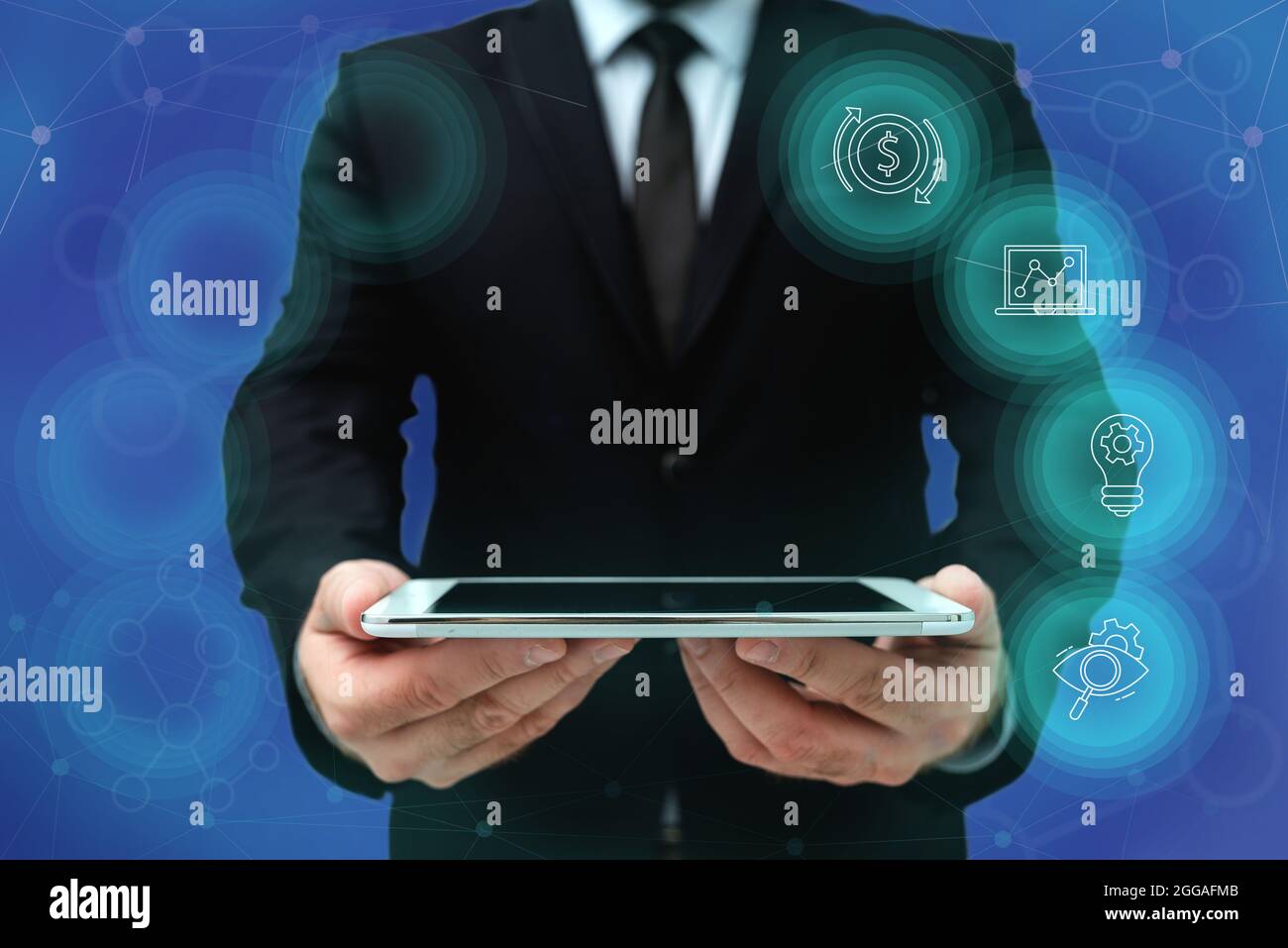 Man In Office Uniform Standing Holding Tablet Displaying New Modern ...