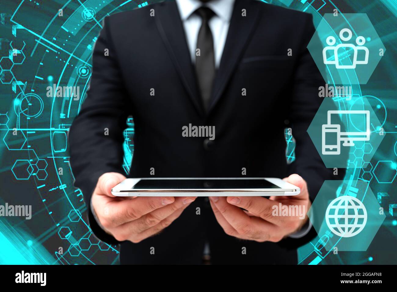 Man In Office Uniform Standing Holding Tablet Displaying New Modern ...