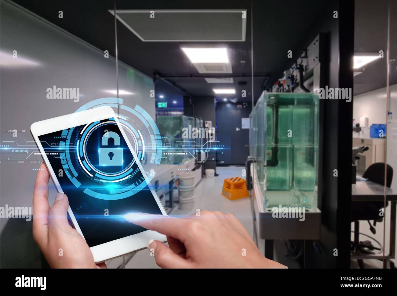 Hand Touching Screen Of Mobile Phone In Laboratory Showing Futuristic ...