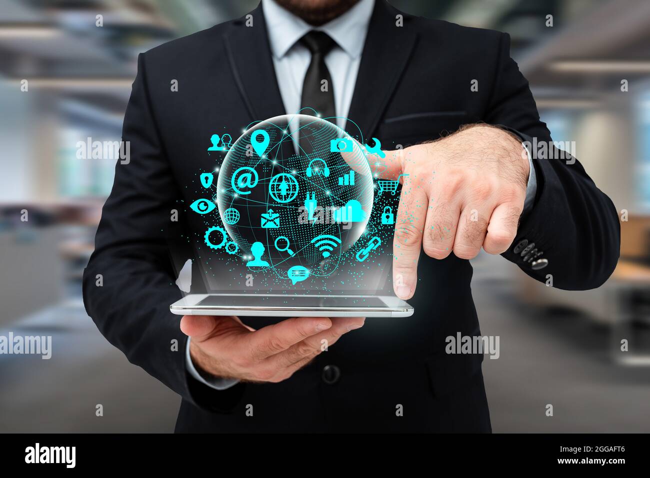 Man In Uniform Standing Holding Tablet And Virtually Typing With Pen ...
