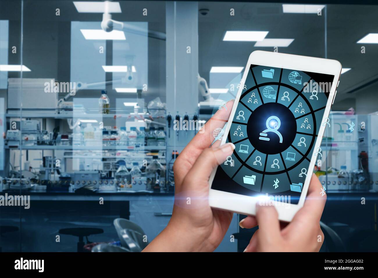 Hands Pressing Screen Of Mobile Phone In Laboratory Showing The ...
