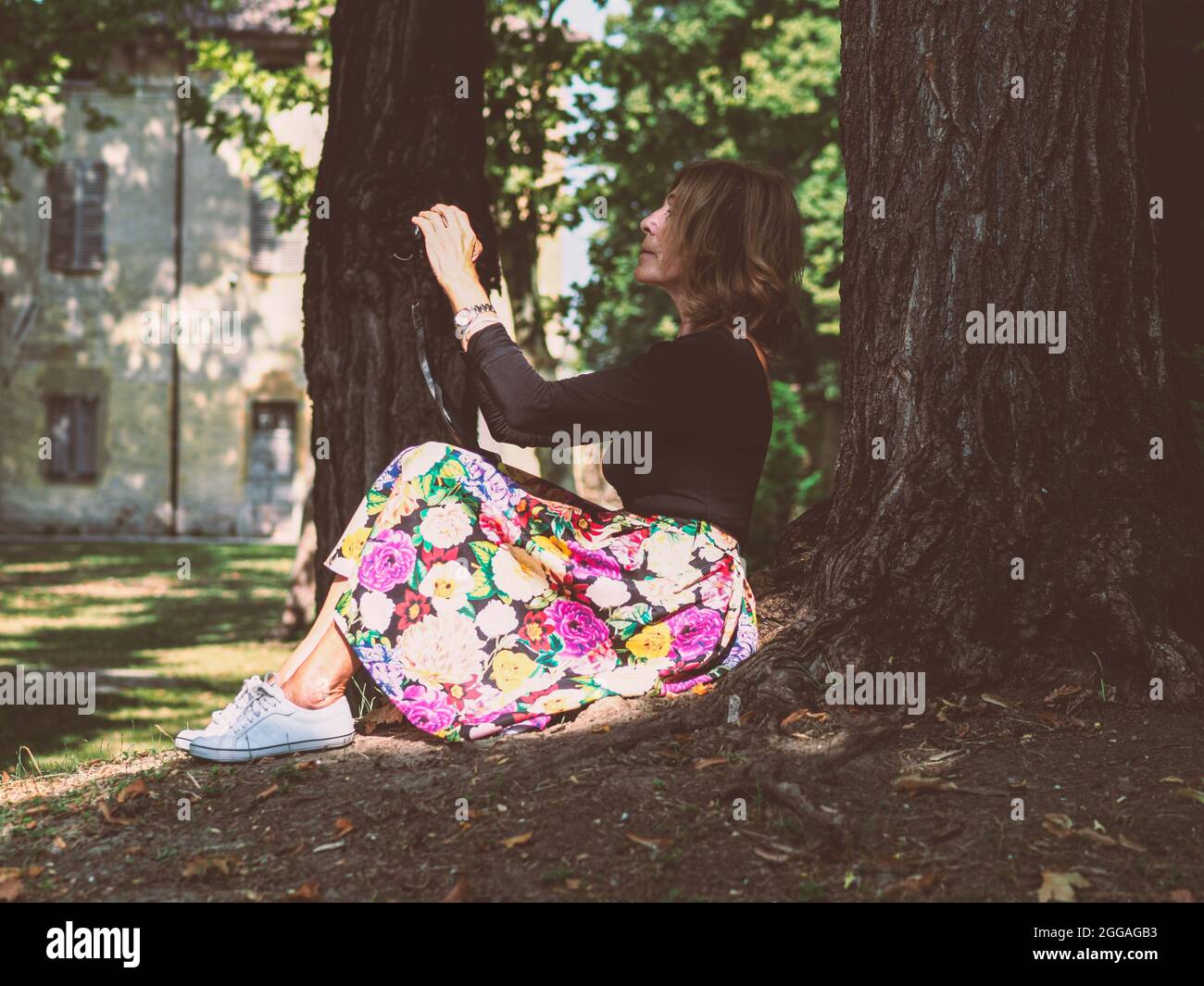 Beautiful elderly Caucasian woman sitting under a tree taking a photo ...