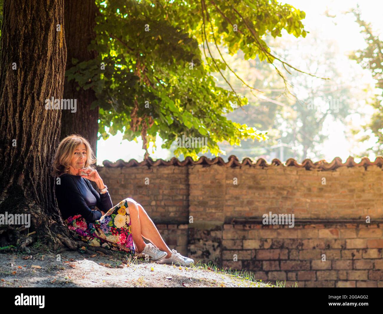Beautiful elderly Caucasian woman sitting under a tree in daytime Stock ...