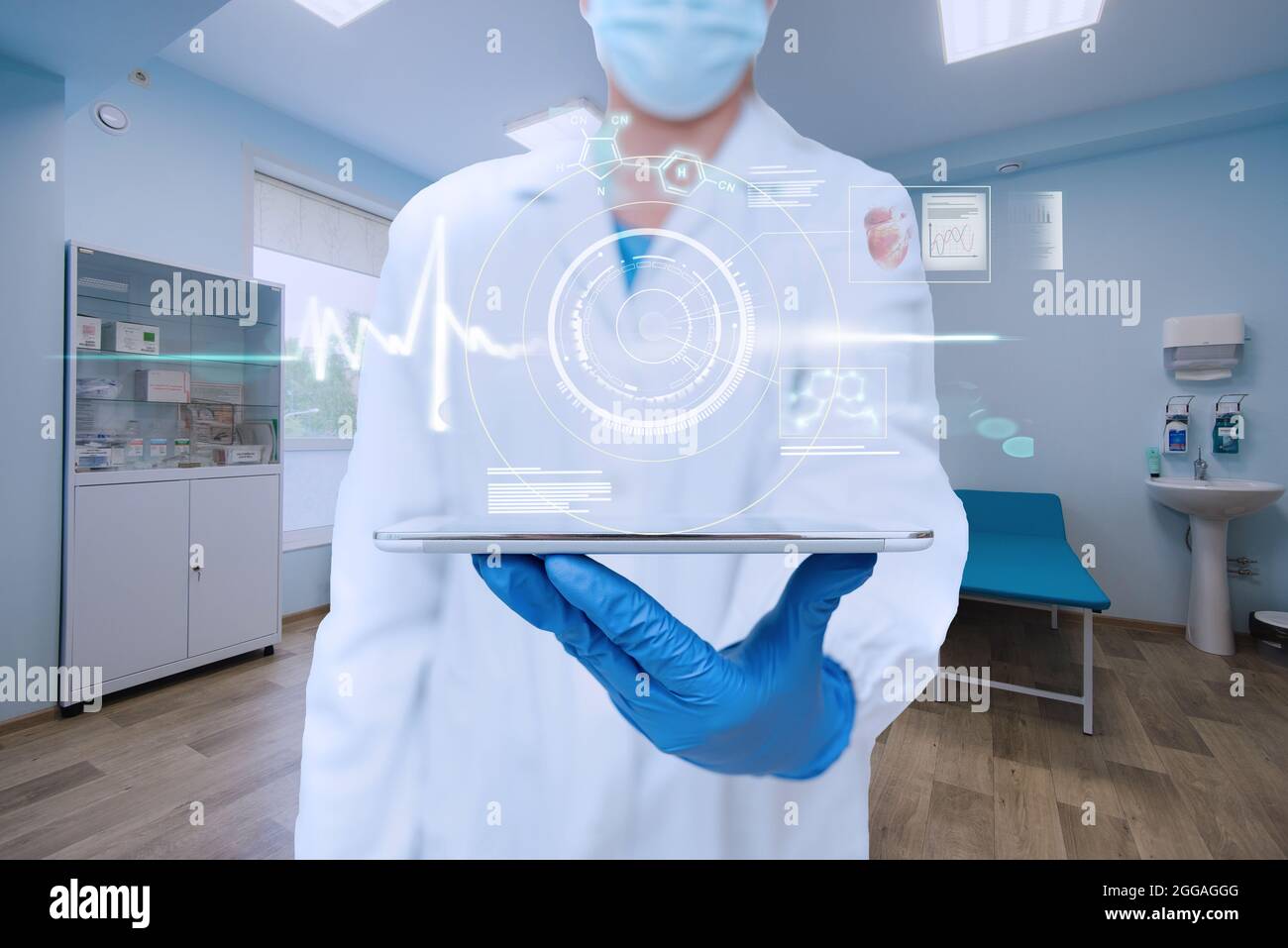 Doctor In The Laboratory Wearing Gloves Holding A Tablet Showing ...