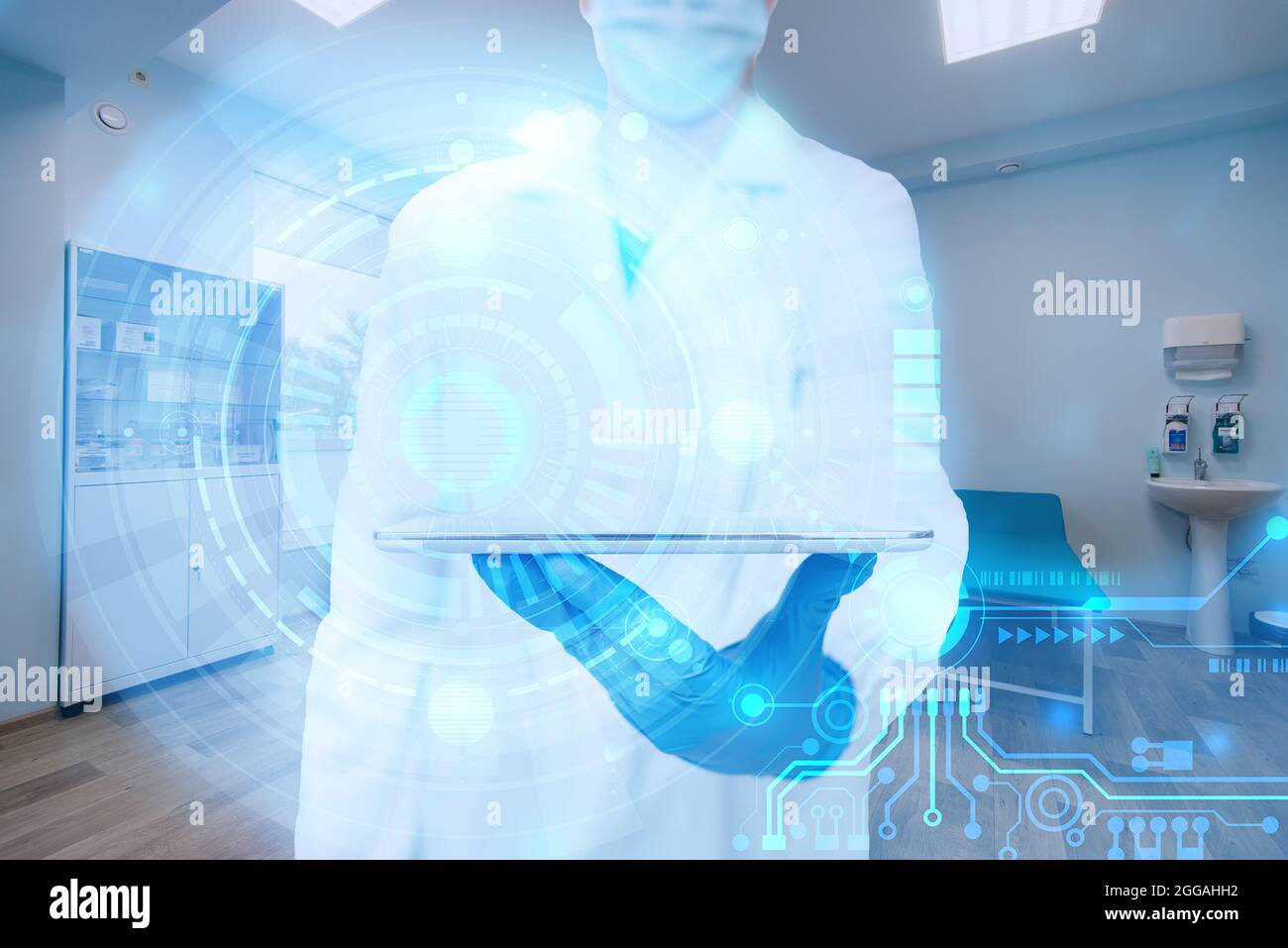 Doctor In The Laboratory Wearing Gloves Holding A Tablet Showing ...