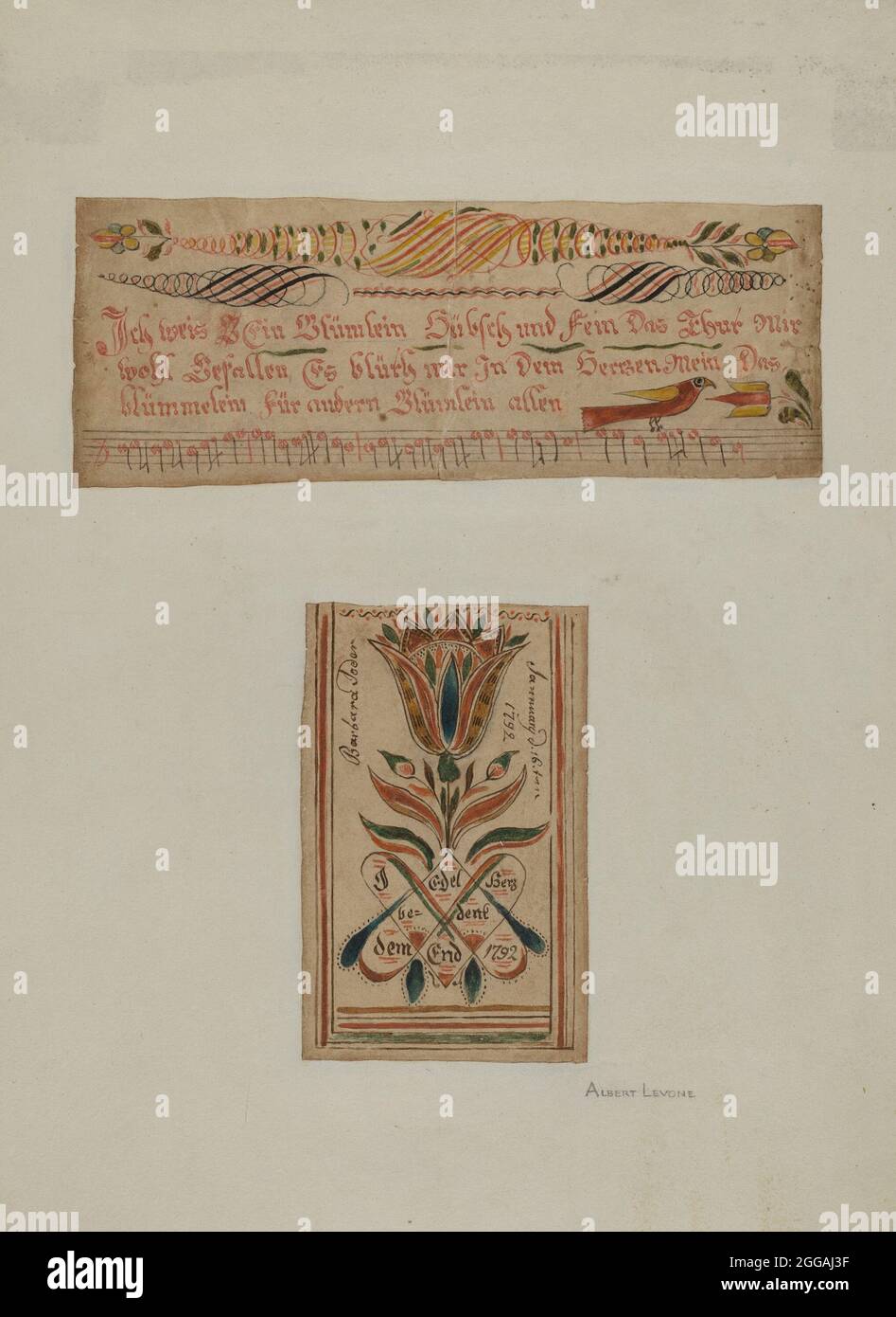 Fractur Paintings (Upper-a Hymn; Lower- Religious Motto), c. 1940 ...