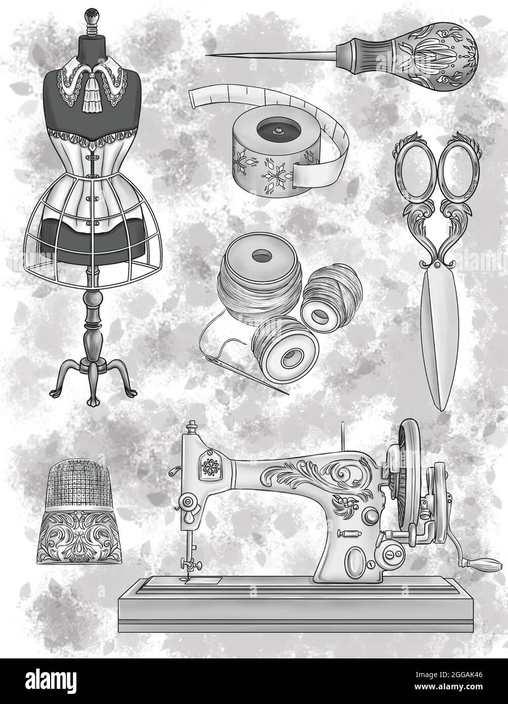 Different Tailoring Tools Vintage Sewing Machine Corset Scissors Tape ...