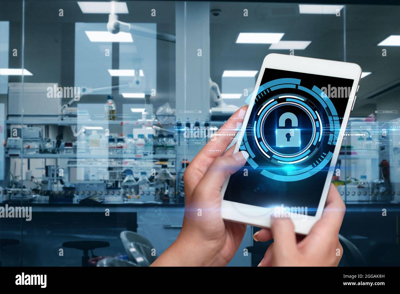 Hands Pressing Screen Of Mobile Phone In Laboratory Showing The ...
