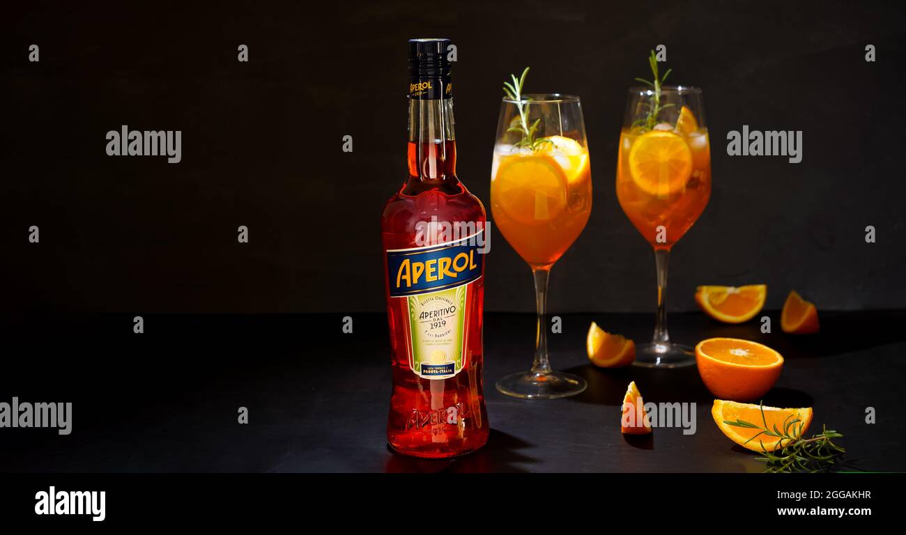 Ukraine, Kyiv - August 26, 2021: Italian tincture Aperol for making ...
