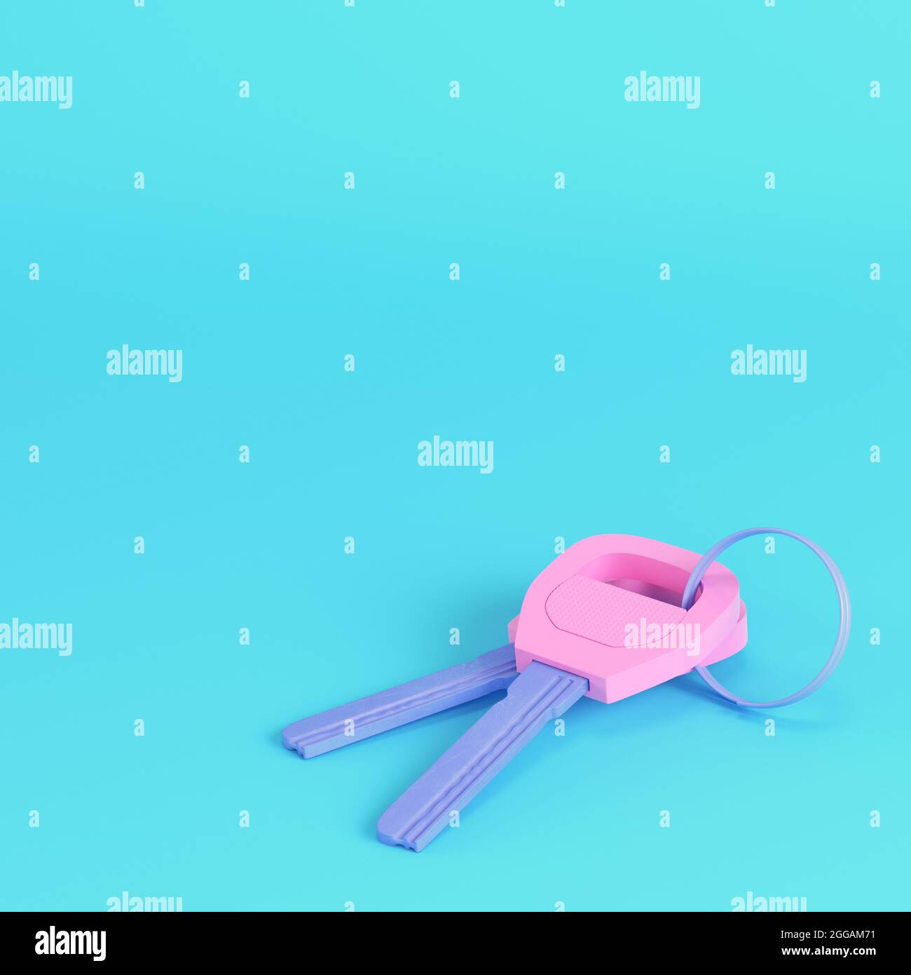 Pink two keys on keyring on bright blue background in pastel colors ...