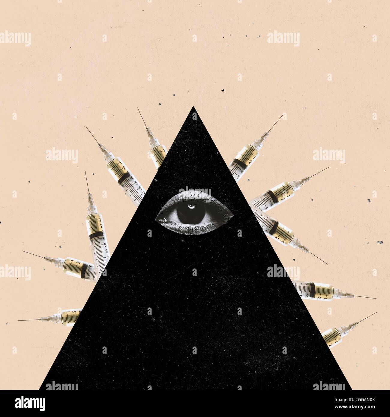 Contemporary art collage of human eye appearing on dark starry ...