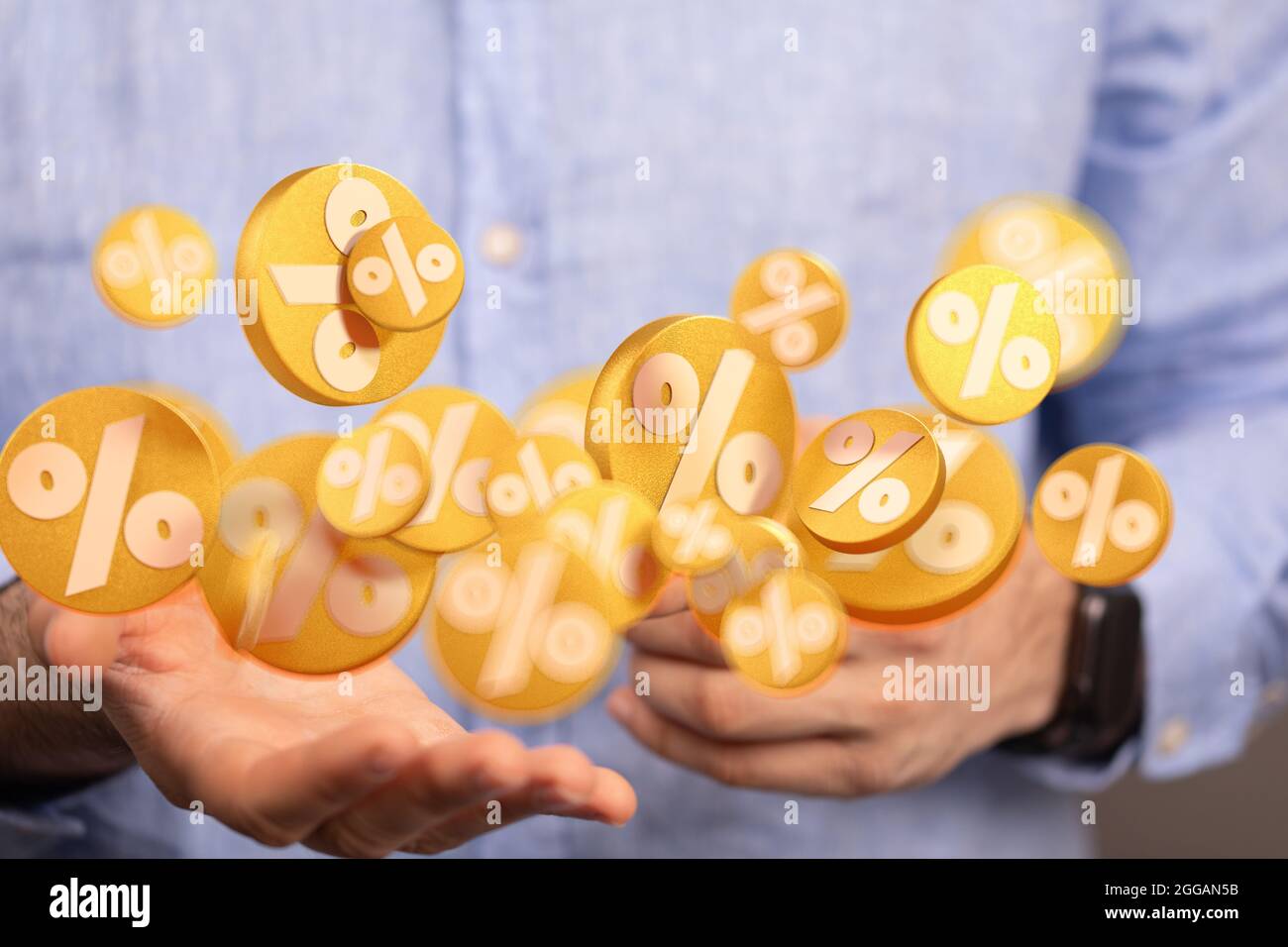 Person presenting the virtual projection of sale or discount concept ...