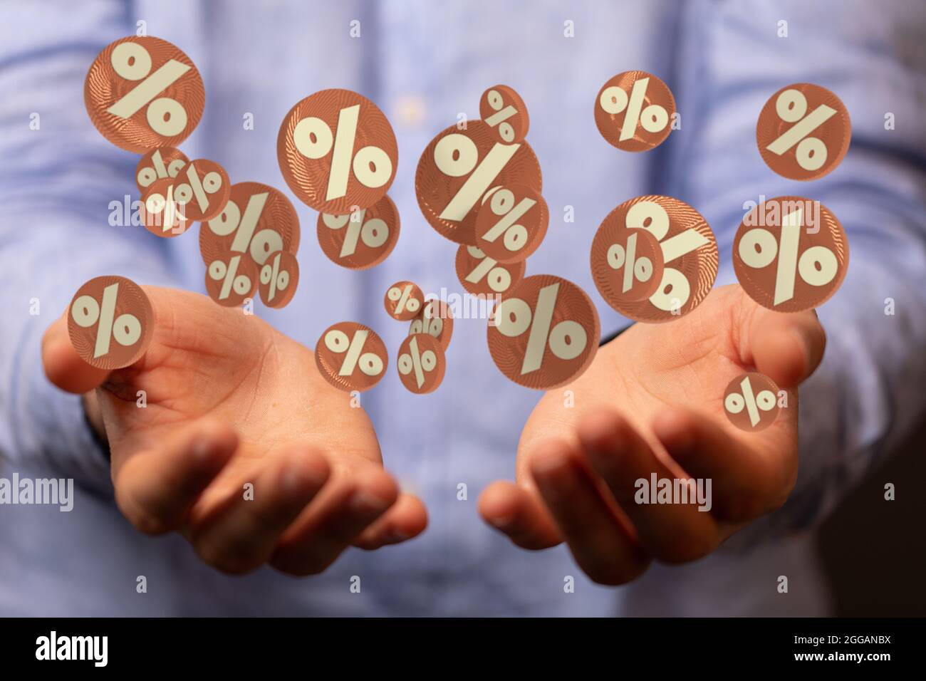 Person presenting the virtual projection of sale or discount concept ...