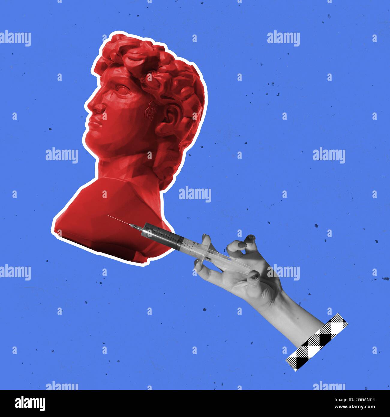 Contemporary art collage with David's head being vaccinated. Safety ...