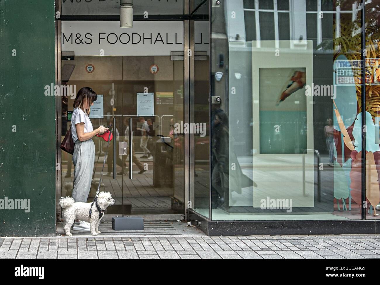 Belfast, Antrim, UK. 23rd Aug, 2021. A lady with a dog stands outside ...