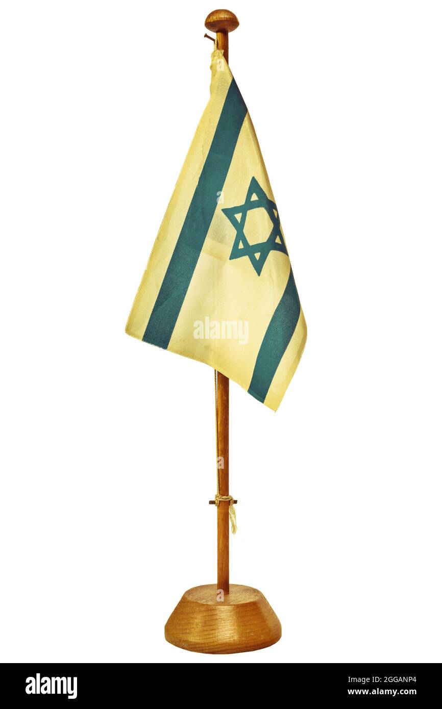 Retro styled image of a small Israel conference flag isolated on a ...