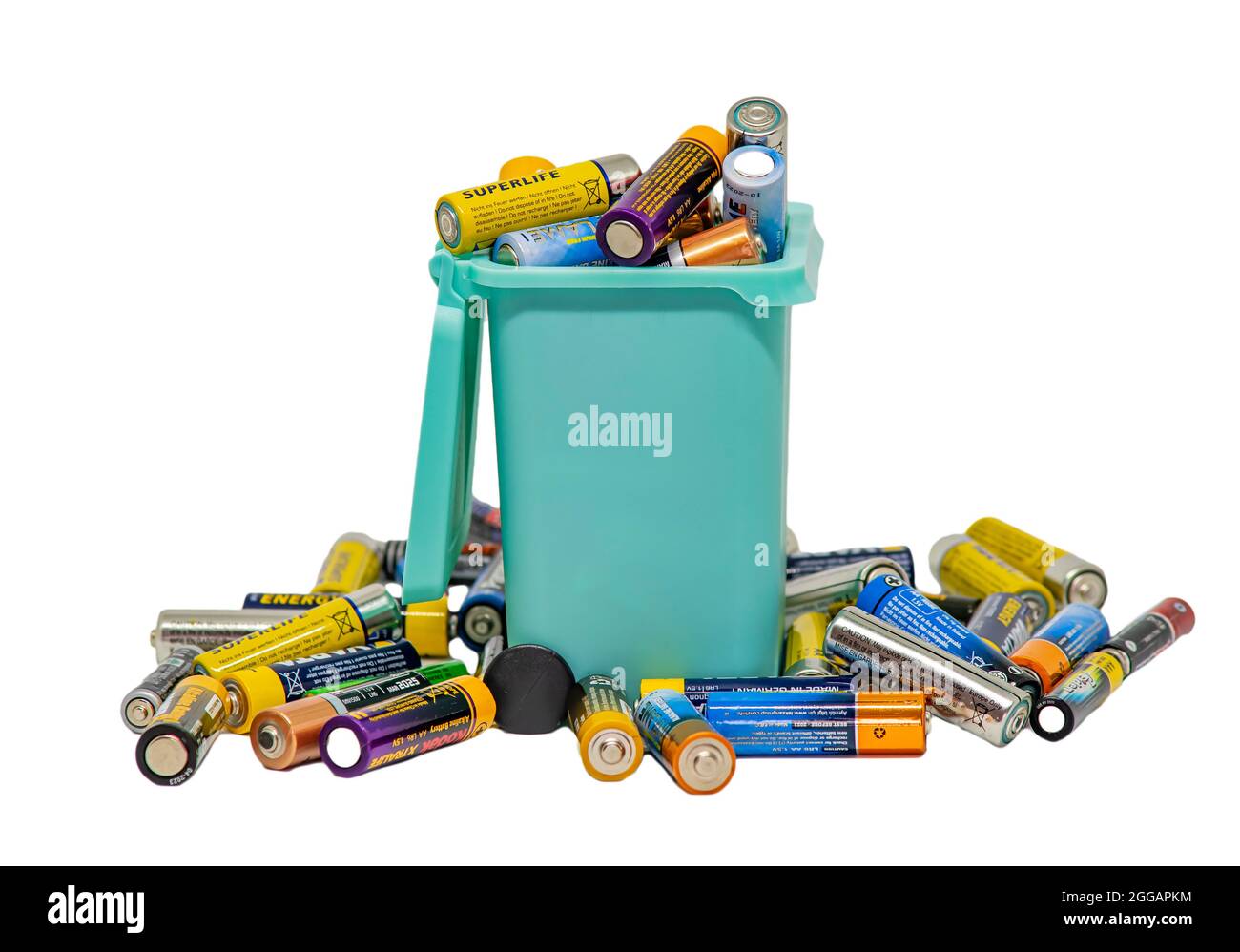 Minimalist bin filled with batteries isolated on a white background ...
