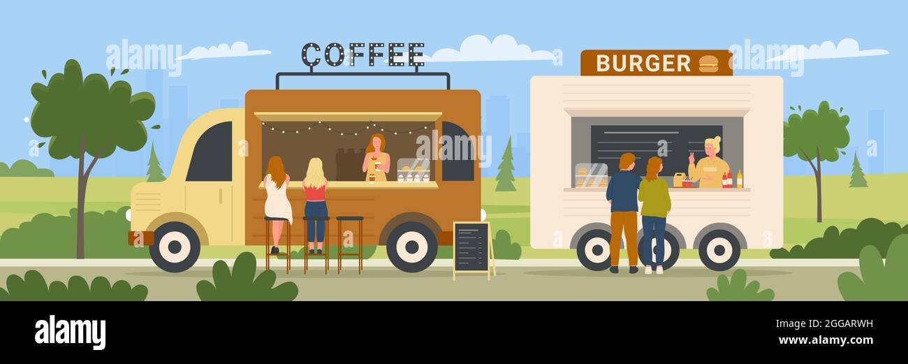 City park with people and fast food trucks vector illustration. Cartoon ...