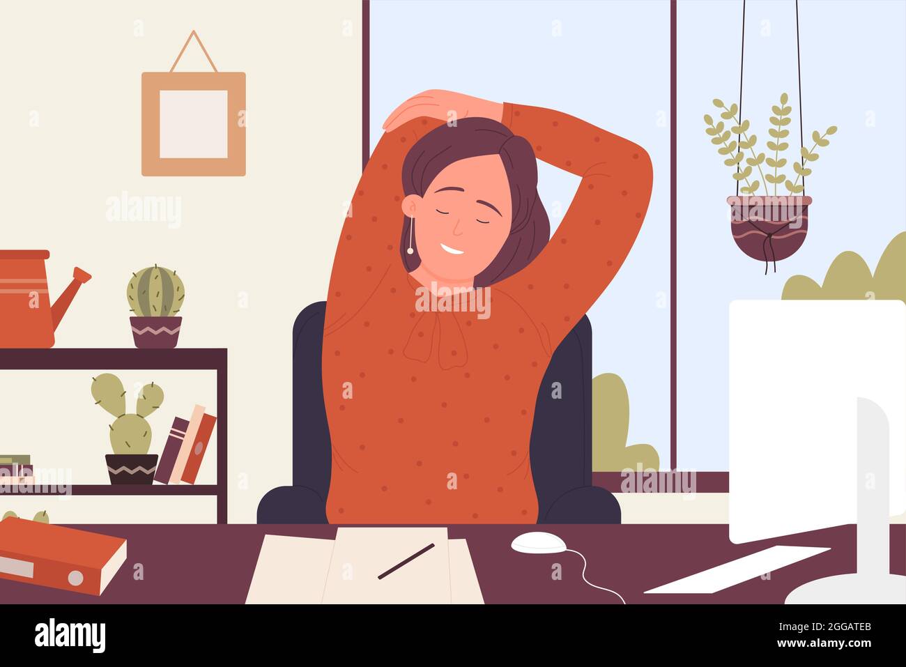 Happy woman finished freelance work vector illustration. Cartoon young ...