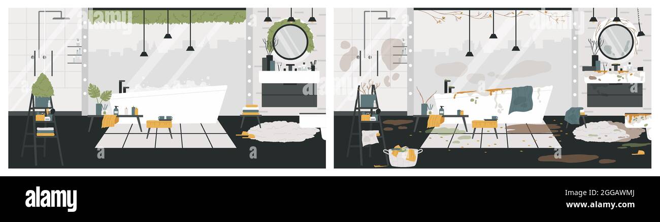 Clean and dirty bathroom interior in home apartment vector illustration ...