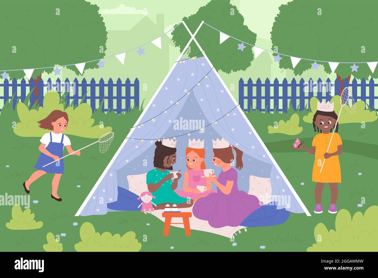 Kids play together in tepee tent, house camp in summer park vector ...