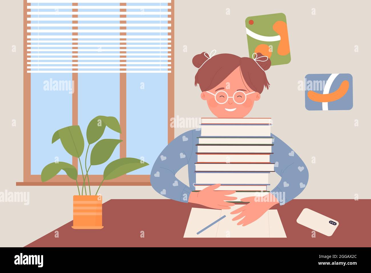 Happy girl reading and studying at home room vector illustration ...