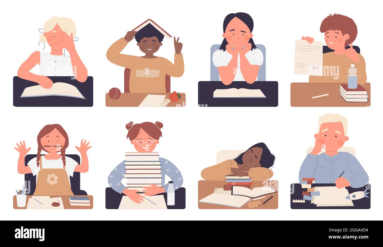 Kids pupils of primary school study vector illustration set isolated ...