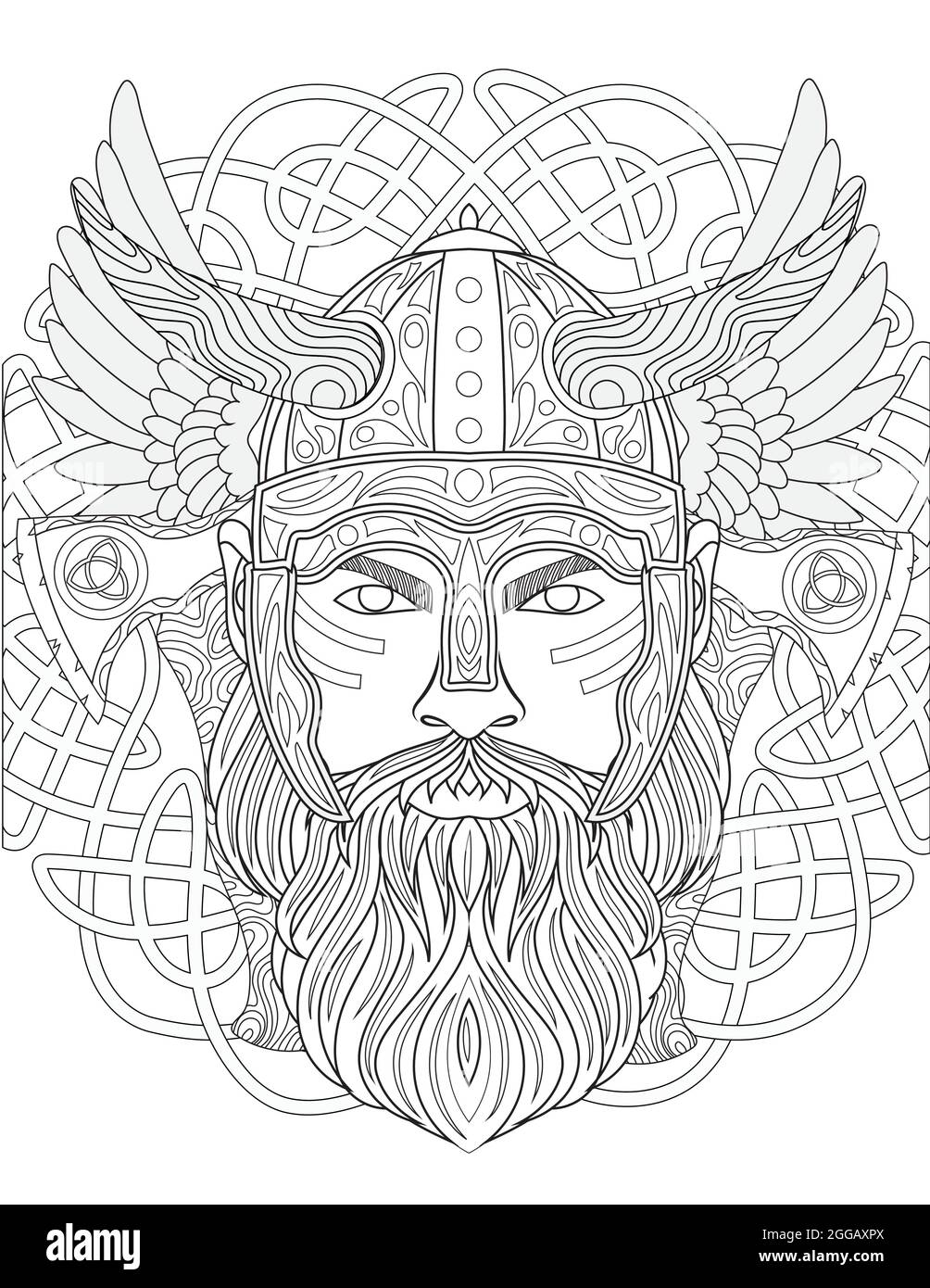 Line Drawing Of Brave Barbarian Wearing Armored Helmet With Long Horns ...
