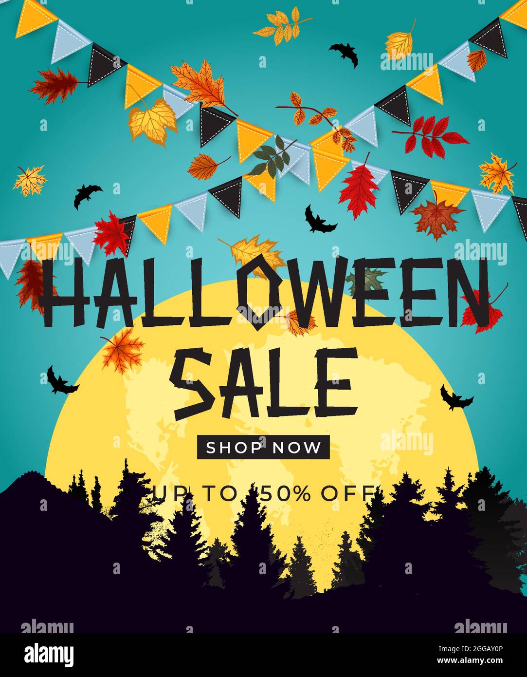 Halloween sale poster with flags and garland on purple background ...