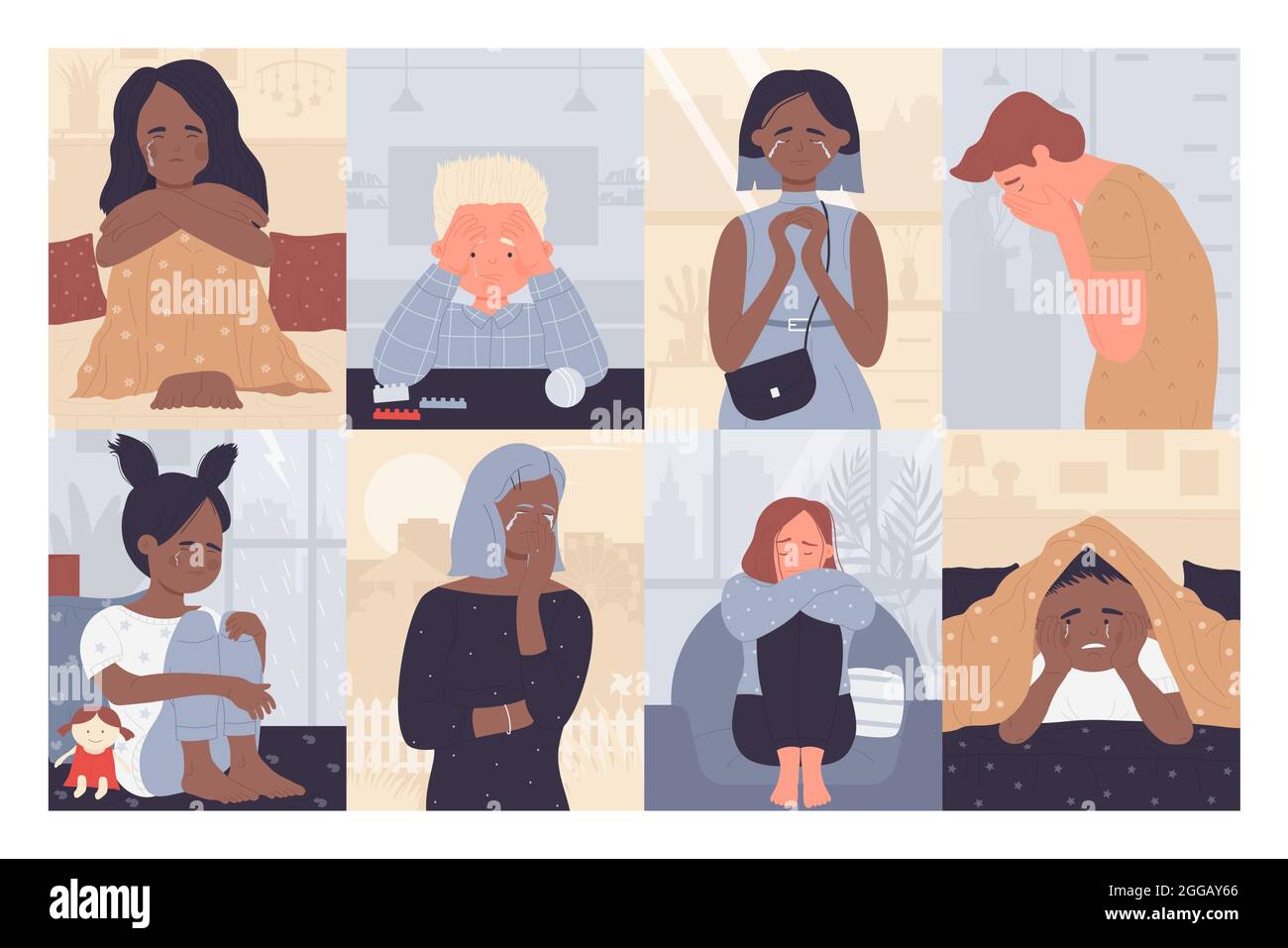 Sad persons, lonely people cry set vector illustration. Cartoon upset ...