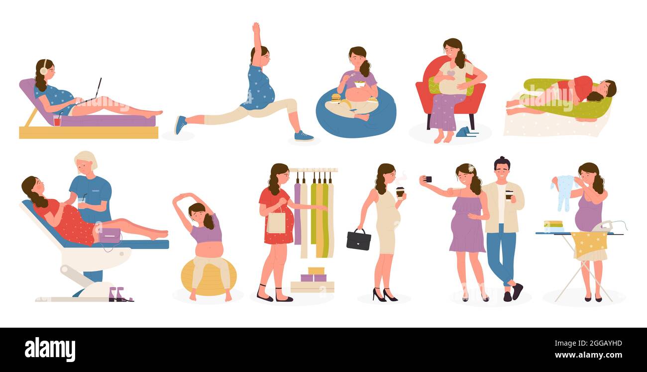 Pregnant woman in different activity, healthy lifestyle set vector ...