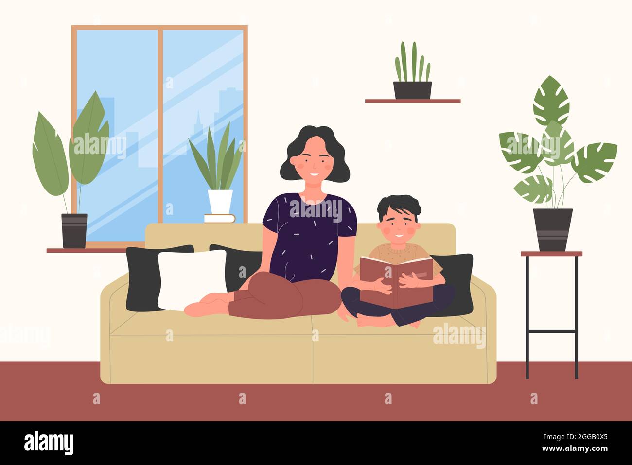 Happy family spend time at home, mother and child son read book and ...