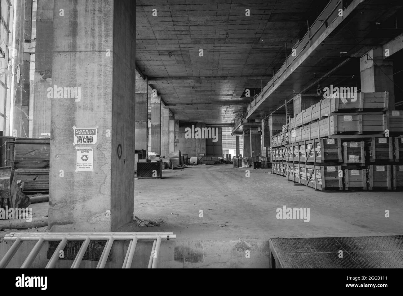 LUSAIL, QATAR - Aug 01, 2018: A grayscale view of wooden boxes at ...